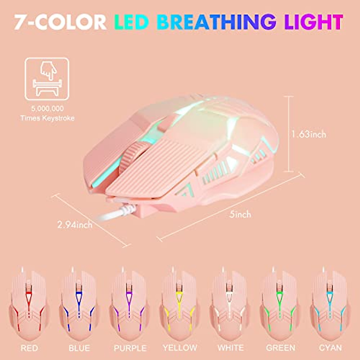 Gaming Keyboard and Mouse Pink Keyboard with White Backlit,CHONCHOW USB Wired 87key Gaming Keyboard Mini and Mouse 3600DPI,19 Keys No-Conflict, Illuminated Keys Compatible with PC/Ps4，Ps5/Xbox/Mac