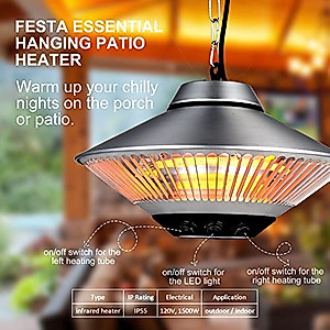 Festa Essential IP55 1500W Electric Hanging Patio Heater for Outdoors w/Infrared Carbon Tubes, LED Light, Tilt Switch and Pole Mounting Hole - Black