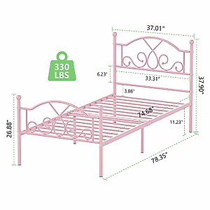 Weehom Twin Bed Frames, Modern Twin Size Metal Bed Frames for Kids Girls, No Box-Spring Needed Twin Platform Bed Frame with Unique Headboard and Footboard, 11.23 Inches Storage Space - Pink