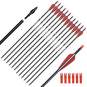 ELONG 12PCS 26" Arrows for Compound Bows,Carbon Hunting Arrows for Archery Spine 500 with 100 Grain Screw Tips, for Compound & Recurve & Traditional Bow(with 6 Extra Nocks)
