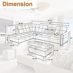 GlasFlength L Shaped Sectional Couch with Storage Ottoman, Modern Nailhead Comfy Lounge Sofa with Reversible Cup Holder & Chaise, 97" 4 Seat Modular Sofá for Living Room Apartment, Ginger