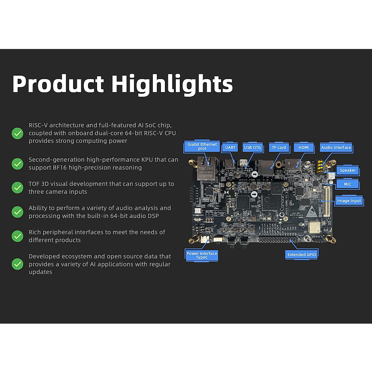 Kendryte K510 CRB-KIT Developer Kit Based on Dual-core 64-bit RISC-V AI SoC Chip 512M LPDDR3+16GB eMMC 5.1 Storage Support Linux System for AI Deep Learning
