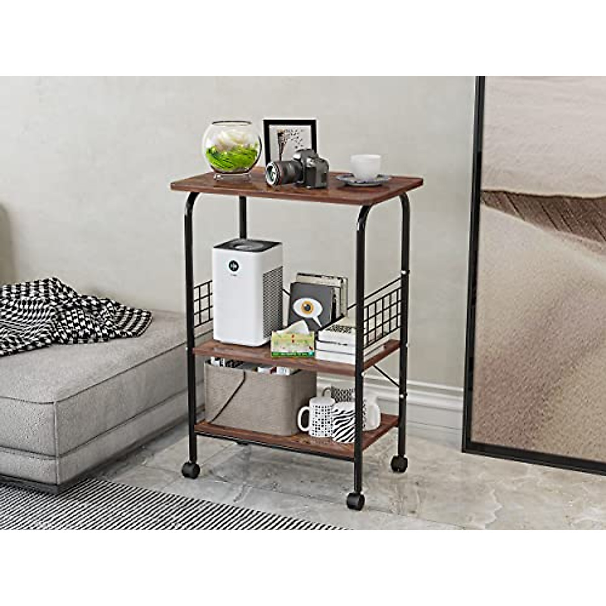 Kitchen Storage Shelf Rack Bathroom Shelf, 3-Tier DIY Storage Rack Multipurpose Shelf with Casters, for Kitchen, Living Room, Bathroom, Balcony, Rustic Look, Metal Wooden Combination (3-Shelf)
