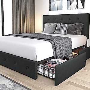 Allewie Upholstered Queen Size Platform Bed Frame with 4 Storage Drawers and Headboard, Diamond Stitched Button Tufted Mattress Foundation with Wooden Slats Support, No Box Spring Needed, Dark Grey
