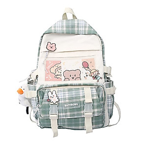 KOWVOWZ Kawaii Plaid Backpack with Pin Cute Cartoon Plush Pendant for Girl School Bag (Green)