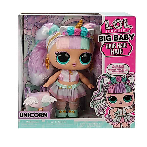 LOL Surprise Big Baby Hair Large 11" Unicorn Doll w/ 14 Including Shareable Accessories & Blue Pink Hair & Dress, Holiday Toy Playset, Great Gift for Kids Girls Ages 4 5 6+ Years
