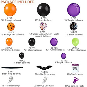 KAKAN Halloween Balloon Arch Kit, Halloween Balloon Garland with Halloween Spider Web, Black Orange Purple Balloons, Dot balloon, Long Balloon, 3D Bat Sticker, Tool Set for Halloween Party Decorations