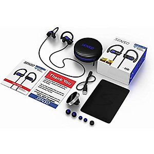 Senso Bluetooth Headphones, Best Wireless Sports Earphones w/Mic IPX7 Waterproof HD Stereo Sweatproof Earbuds for Gym Running Workout 8 Hour Battery Noise Cancelling Headsets (Black Blue)