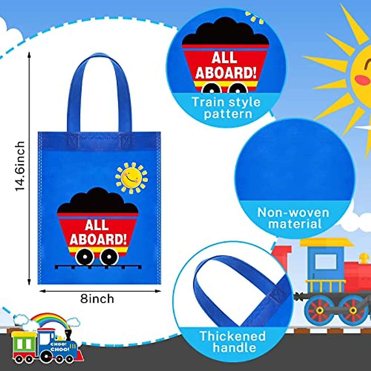 Sweetude 20 Pcs Reusable Mini Train Party Tote Bags 9.84 x 7.87 Inch Train Goodie Candy Favor Bags Train Birthday Party Supplies with Long Handles for Kids Birthday Baby Shower Decoration