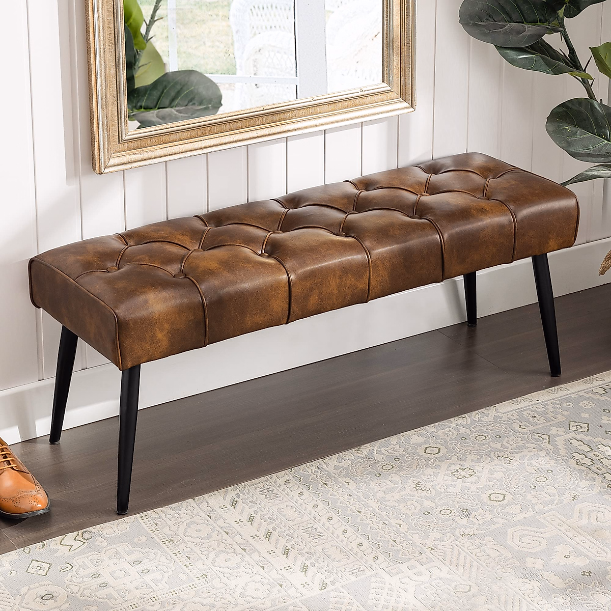 LUE BONA Button-Tufted Ottoman Bench, 44.5'' Faux Leather Upholstered Bedroom Bench, Padded Entryway Bench, End of Bed Bench with Metal Legs, for Decorative, Living Room, Dining Room, Yellowish Brown