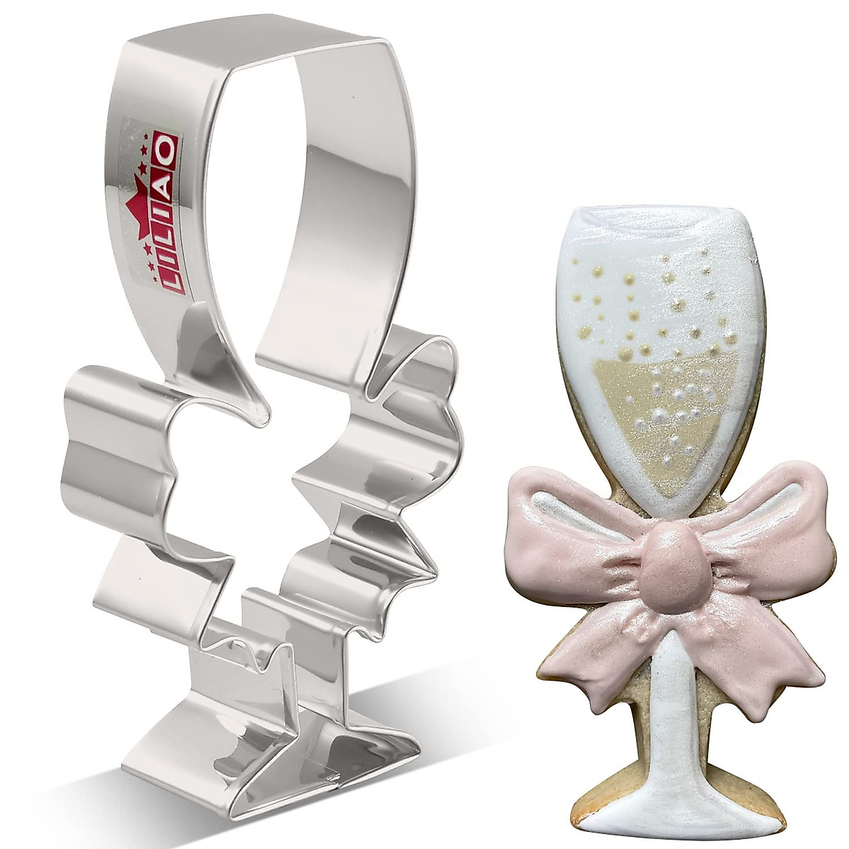 LILIAO Champagne Glass with Ribbon Cookie Cutter for Wedding/Engagement - 2.4 x 4.5 inches - Stainless Steel