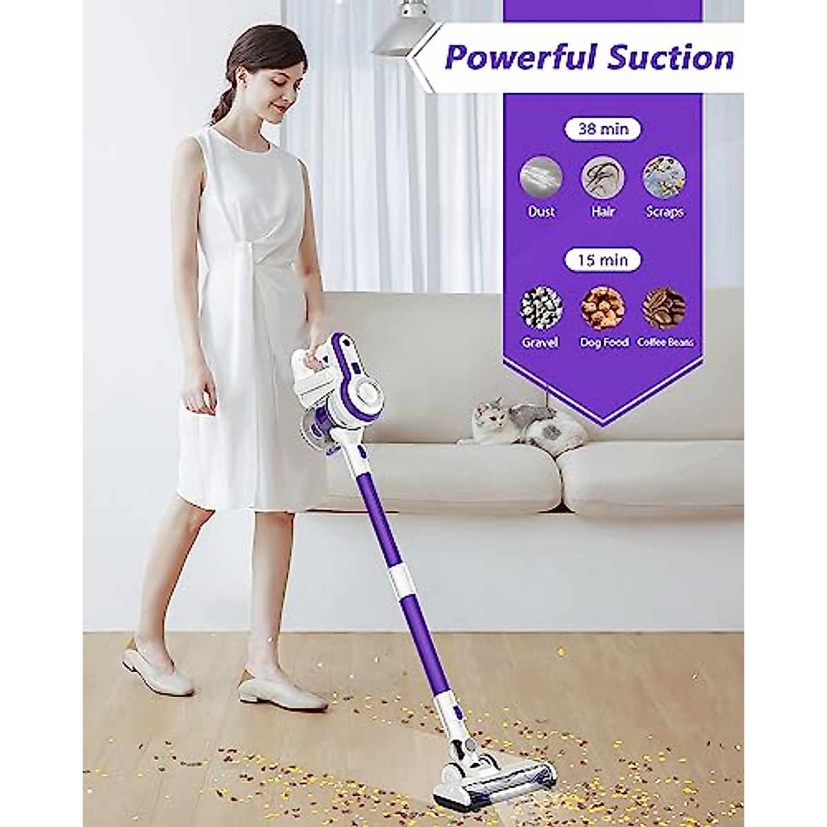Micol Cordless Vacuum Cleaner, 6-in-1 Lightweight Stick Vacuum, 2 Modes of Powerful Suction, Maximum 38 Mins Runtime, Removable Battery, Household Vacuum Cleaner for Home Hard Floor Pet Hair Carpet