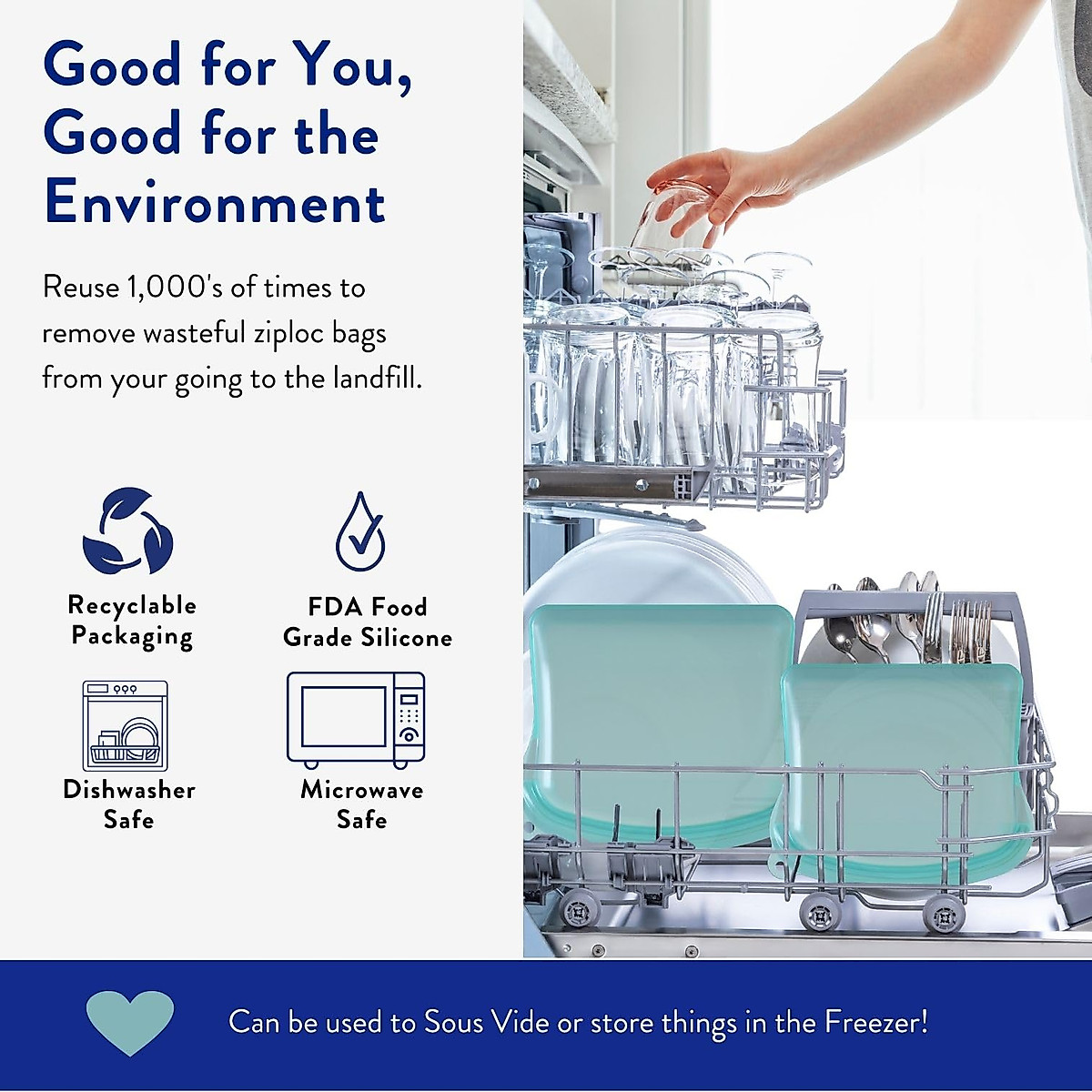 The Clean People Reusable Silicone Storage Bag, Food Storage Container, Microwave and Dishwasher Safe, Leak-free, Medium & Large, Green 3 Pack Set