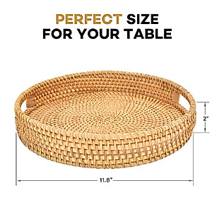 Rattanhut Hand Woven Round Rattan Tray with Paper Doily - 11.8 x 2 inch Round Basket Tray with Handles for Serving Food, Drink, Dessert, Breakfast in Bed, Decor - Decorative Coffee Server