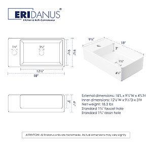 Bathroom Sink 18" x 10" Rectangle, Eridanus Wall Mount Vessel Sink Floating, Modern White Ceramic Porcelain Vitreous Countertop Wash Basin Wall Hang Bowl Space Saving Small Sinks