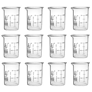 EISCO 12PK Beakers, 20ml - ASTM - Low Form with Spout - Dual Scale, White Graduations - Borosilicate 3.3 Glass