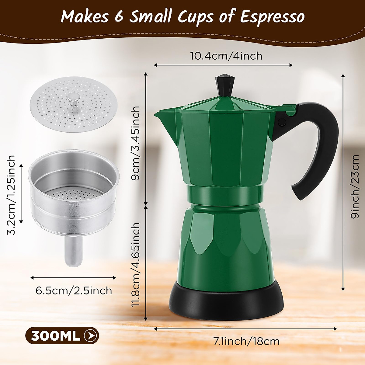 Lemosae Coffee Pot 6 Cup Electric Espresso Coffee Maker Italian Moka Maker 300ml Portable Aluminum Espresso Maker Espresso Moka Pot with Detachable Base, Coffee Gift for Home Travel (Dark Green)