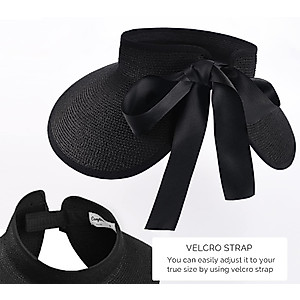 Camptrace Sun Visors for Women Wide Brim Beach Hat UPF 50+ Foldable Straw Visor Hat Ponytail Summer Packable Black