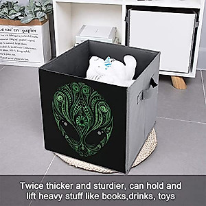 Green Aliens Head Foldable Storage Bins Printd Fabric Cube Baskets Boxes with Handles for Clothes Toys, 11x11x11