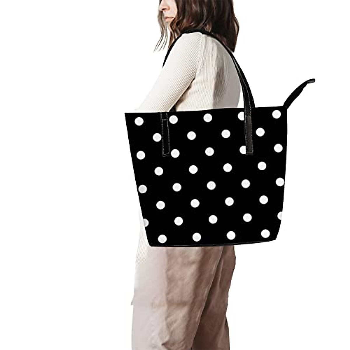 Retro Black and white Polka Dot Tote Bag for Women Leather Handbags Women's Crossbody Handbags Work Tote Bags for Women Coach Handbags Tote Bag with Zipper.