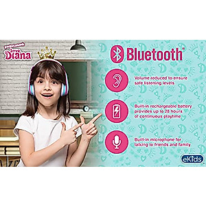 eKids Love Diana Kids Bluetooth Headphones, Wireless Headphones with Microphone Includes Aux Cord, Volume Reduced Kids Foldable Headphones for School, Home, or Travel