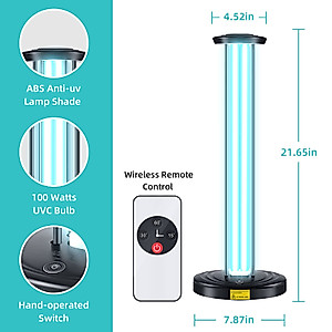 JTAPURE Ultraviolet Lamp, 100W Ozone Free UV Light Purifier for Large Room, with Three-Step Timing Remote Control, Blue Light, Up to 99.9% Purification for Bathroom, Bedroom, Toilet