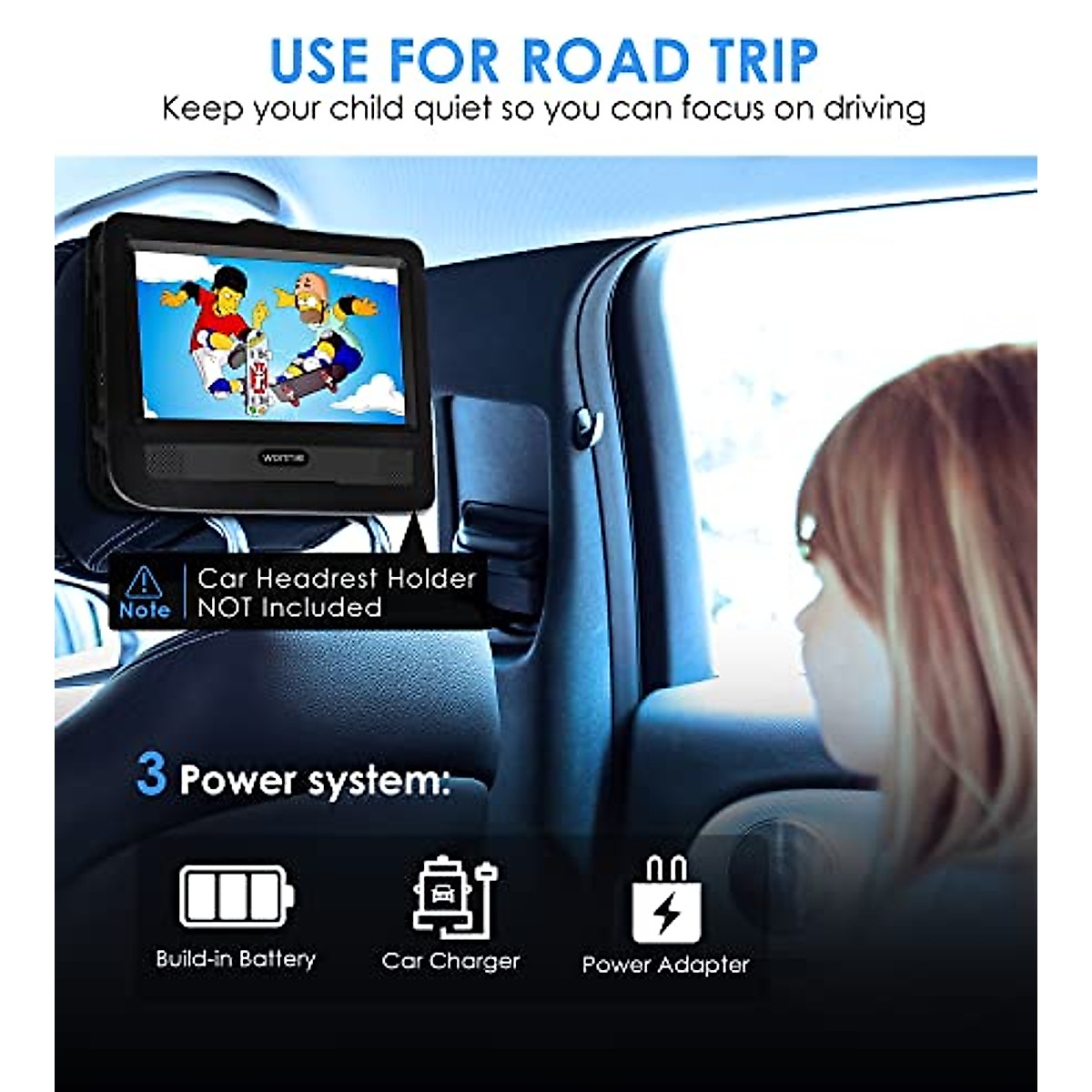 WONNIE 9.5" Portable DVD Player for Kids, Car Headrest Video Players with 7.5" Swivel Screen, 5-Hours Rechargeable Battery, Regions Free, AV in/Out, Support USB/SD Card/Sync TV