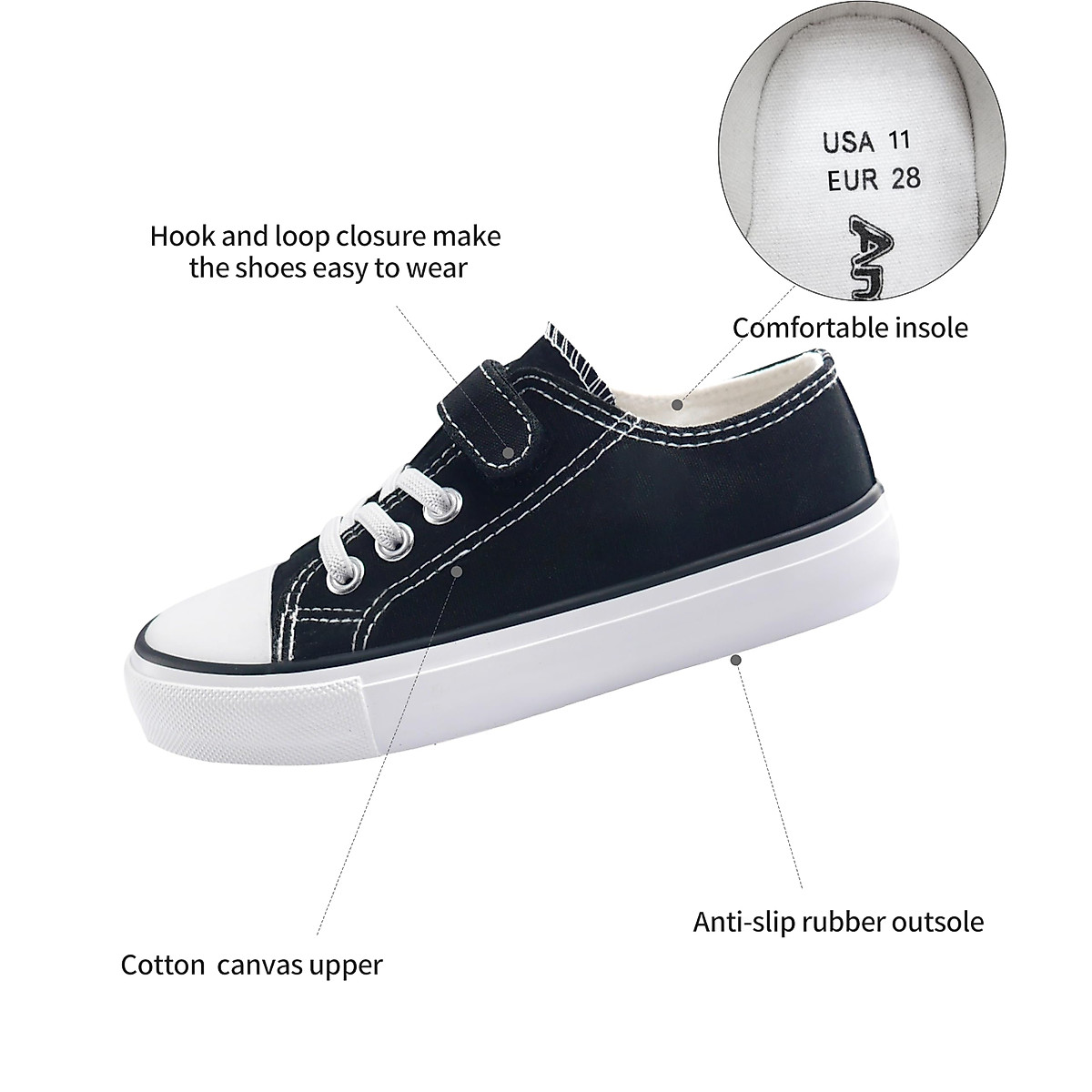 ANTLULU Boys and Girls Canvas Kid Shoes Adjustable Design Fashion Casual Sneakers Black