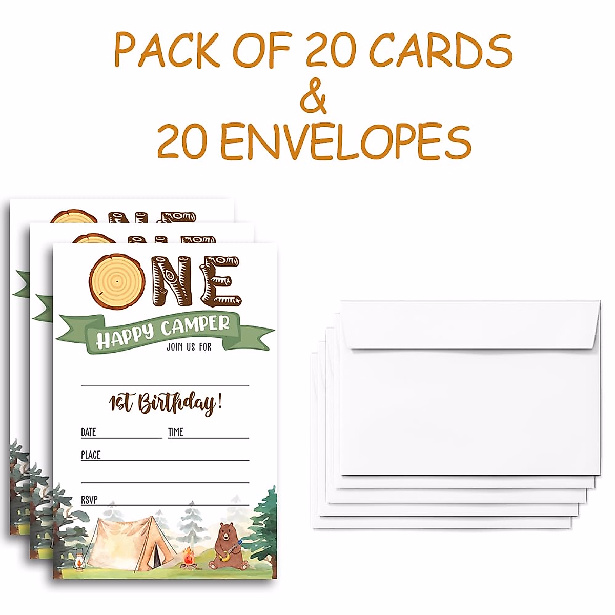 FujLoy Happy Camper Invitation, One Happy Camper Birthday Invitation, Camper Party Invitations cards.（069）