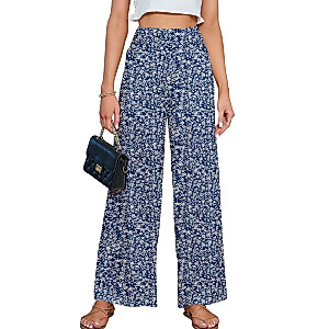 JASPAL Women Casual High Waisted Palazzo Pants Wide Leg Long Lounge Trendy Trousers with Pocket-XL-Blue White Flower