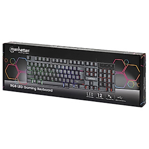 MANHATTAN Wired Membrane Gaming Keyboard – with Backlit RGB LED, USB-A Connection, Quiet Keystrokes, 12 Multimedia Function Keys - for Computer, PC, Desktop, Gamer – 3 Yr Mfg Warranty - 180603