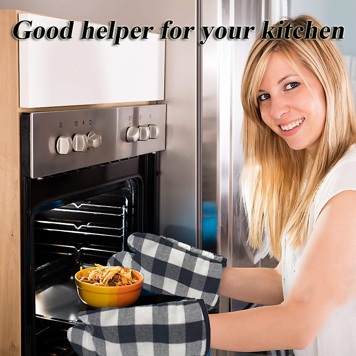 Oven Mitts and Pot Holders Set, Heat Resistant Long BBQ Gloves with Non-Slip Surface for Safe Kitchen Cooking Baking Grilling (Black)