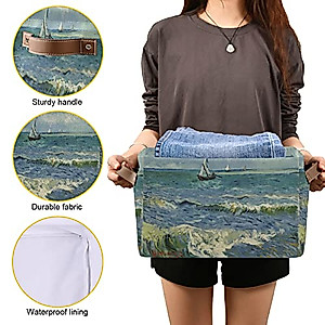 xigua 1PCS Storage Basket Van Gogh Sailboat Collapsible Organizer with Handle, Large Storage Bins for Bedroom, Living Room, Closet, Shelves