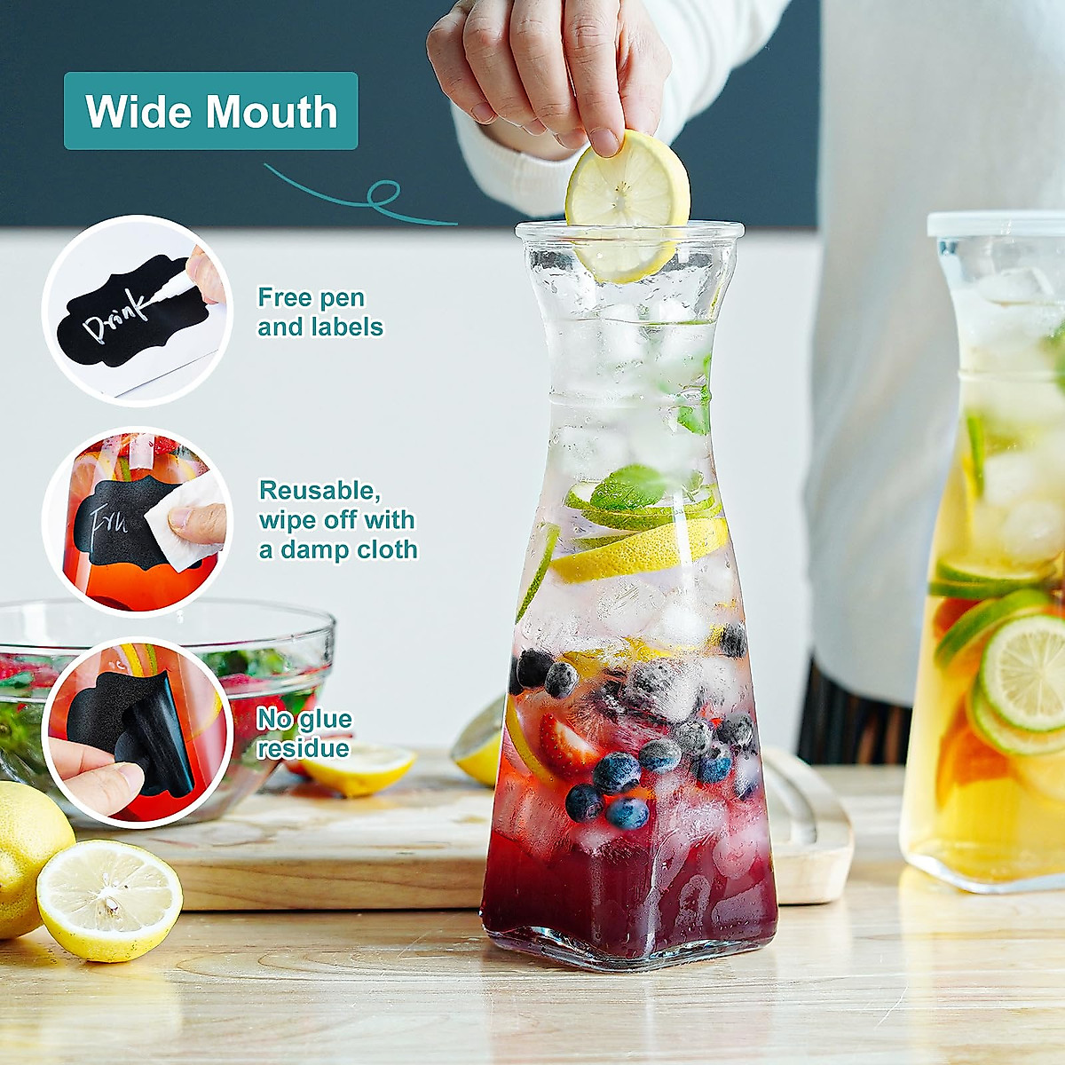 Ritayedet Glass Carafe, 1 Liter Carafe for Mimosa Bar, 4 Pcs, Square Carafe Pitcher with Lid, Drink Dispenser for Parties, Cold Water, Milk, Juice Container, Tea, Wine, Cocktails (6 Lids & 2 Spouts)