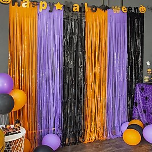 LOLStar 3 Pack Orange Purple Black Photo Booth Props,3.3 X 6.6 ft Halloween Foil Fringe Curtains,Halloween Party Photo Backdrop Streamer Backdrop for Birthday Anniversary Halloween Party Decoration
