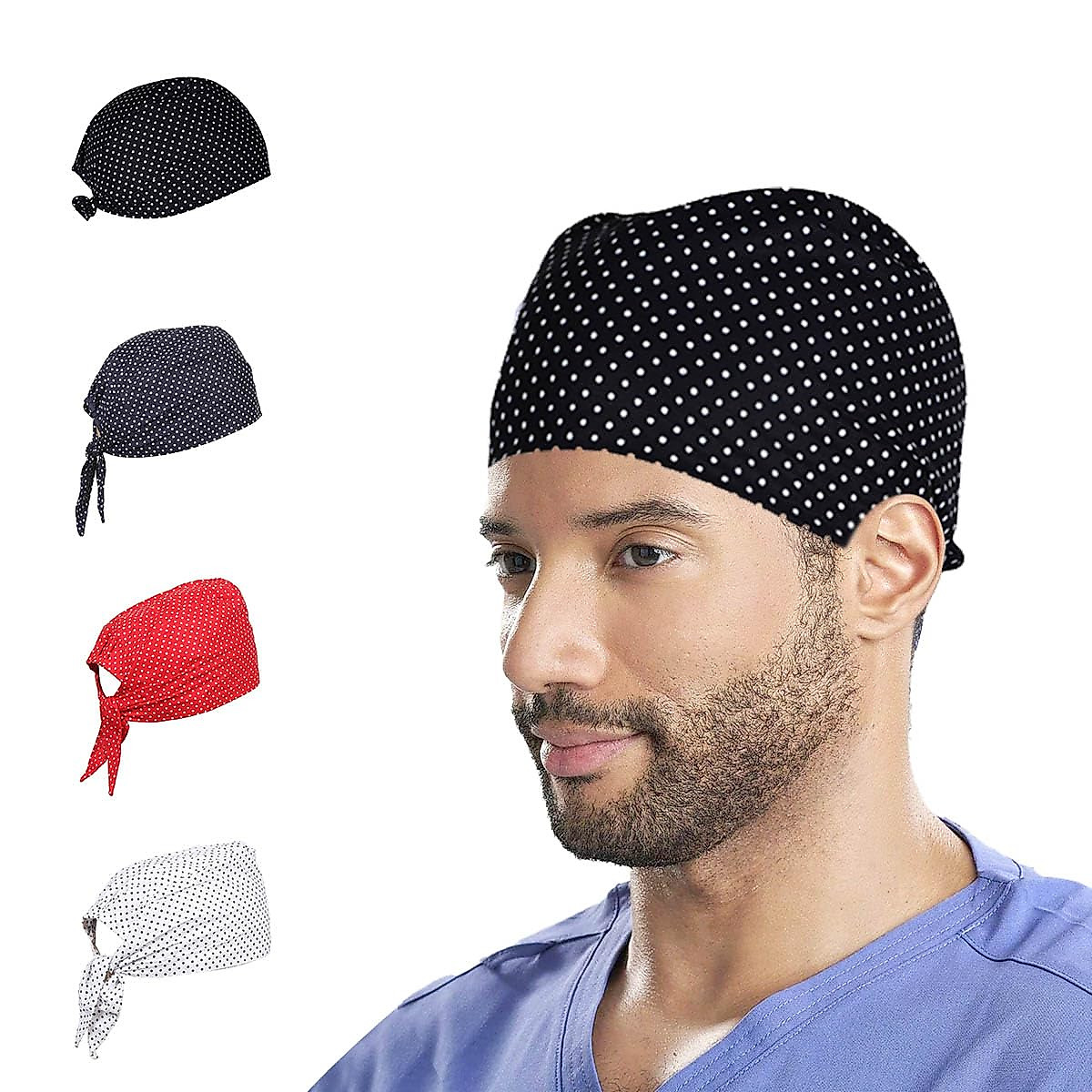 BISMAADH 4 Pack Bamboo Cotton Polka Dot Printed Patka Durag Headcover Skull Cap (Black + Blue + Red + White)