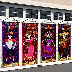 Panelee 4 Pcs Day of The Dead Porch Sign Dia De Los Muertos Decoration Mexican Sugar Skull Theme Door Banner Halloween Garage Hanging Decorations for Indoor Outdoor Party Home Wall Decor