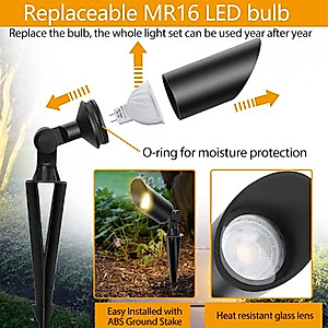 Landscape Lighting 12V 6W Low Voltage Landscape Lights Waterproof for Yard Lawn Patio Garden with 3000K Warm White MR16 LED Bulb, Cast-Aluminum LED Landscape Spotlights with ABS Ground Stake (2 Pack)