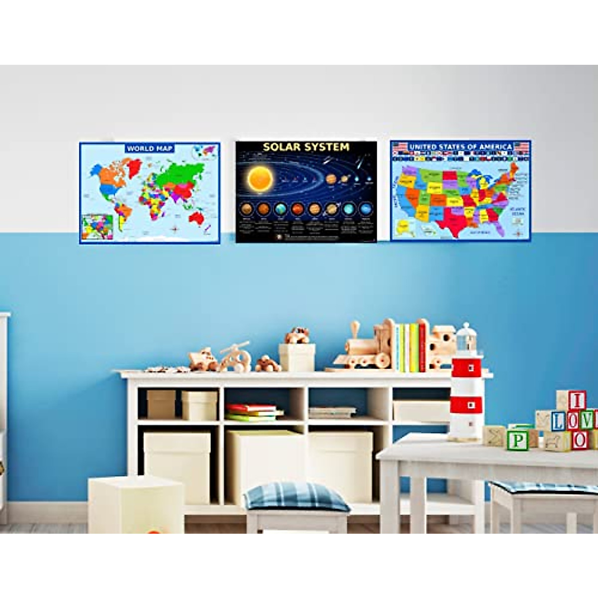 World Map, United States Map, and Solar System Poster with Extra Features – Laminated 14x19.5 in – Educational Posters, Classroom Decorations, Teachers Supplies, Virtual Learning for Kids, Homeschool Decor