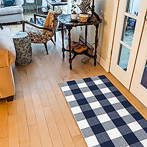 LEEVAN Cotton Buffalo Plaid Outdoor Rugs 2x4 ft Checkered Front Porch Rug Washable Woven Welcome Braided Door Mat for Layered Kitchen Farmhouse Bathroom Entryway Throw Carpet, Navy Blue and White