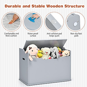 Costzon Kids Wooden Toy Chest, Wide Toy Box Storage Chest with Bench Seat, Toy Storage Trunk Case with Finger-Pinch Prevention, Lift-Top Foot Rest Seat for Toddler Bedroom Playroom Entry (Grey)