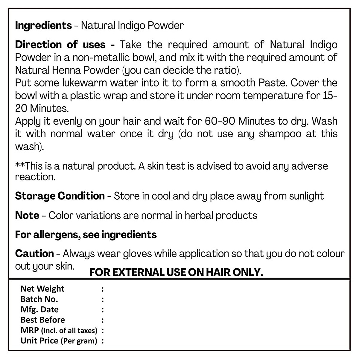 100% Natural Indigo Powder for Hair (227g / (1/2 lb) / 8 ounces) Indigofera tinctoria to color your hair brown to black