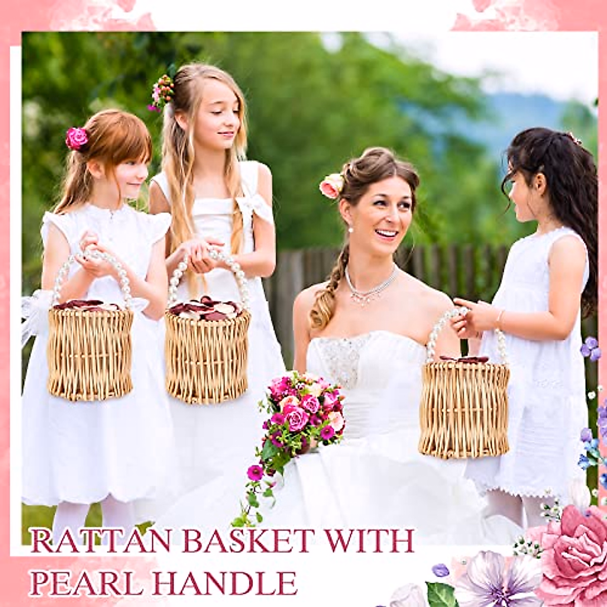 Set of 2 Wicker Wedding Flower Girl Baskets Pearl Wicker Rattan Flower Basket Handwoven Easter Basket Wicker Basket with Handle Straw Beach Bags Purse Wicker Tote for Candy Garden Home, 5.9 x 5.5 Inch