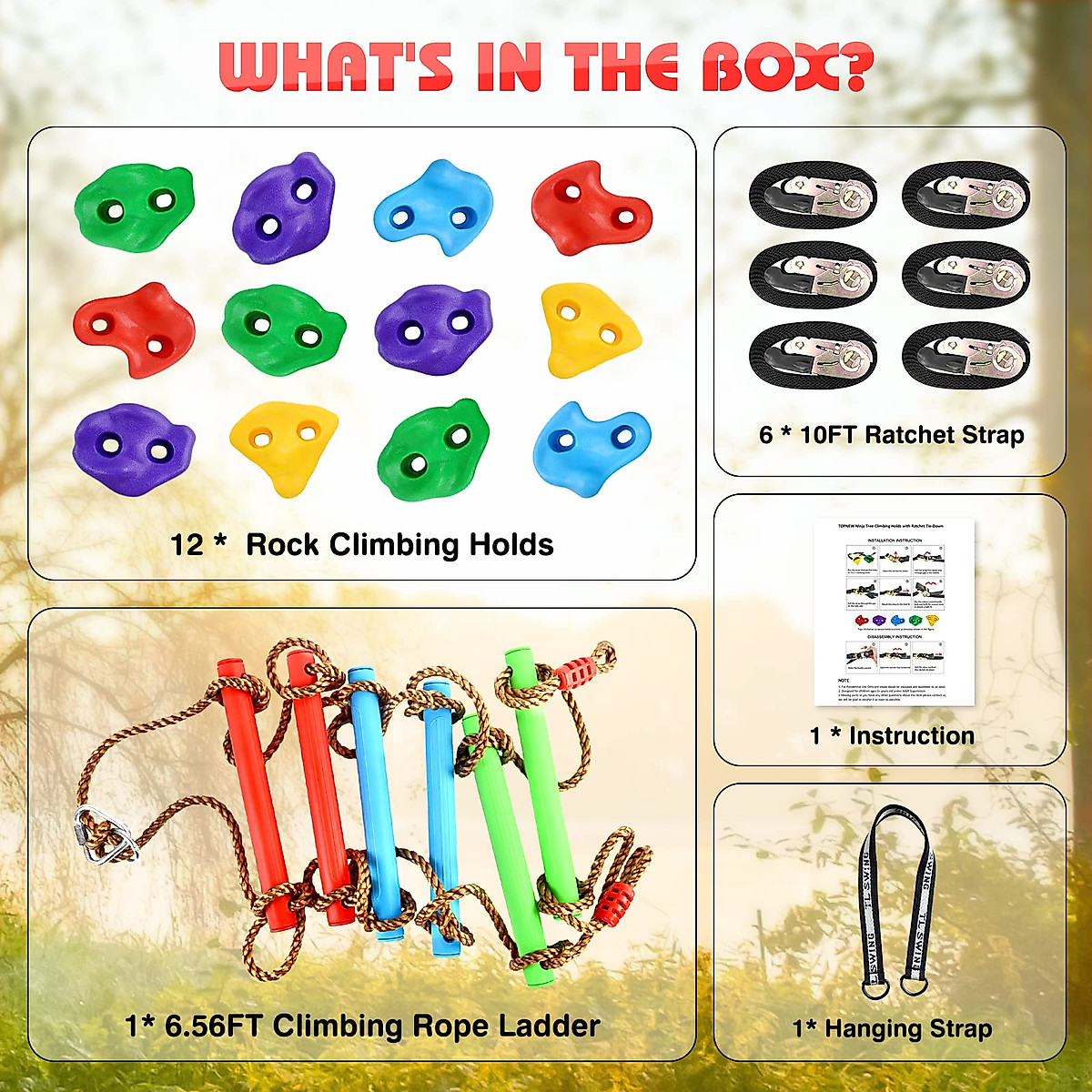 TOPNEW 12 Ninja Tree Climbing Holds for Tree Climber, Tree Climbing Kit with 6.6FT Rope Ladder for Outdoor Ninja Warrior Obstacle Course Training