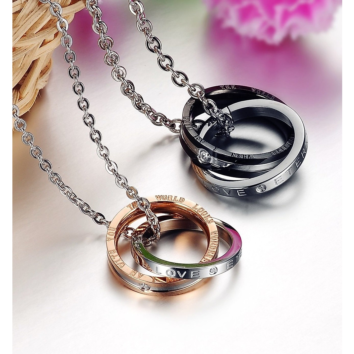 His & Hers Matching Set Titanium Stainless Steel Couple Pendant Necklace Korean Love Style with a Lucky Bean