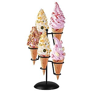 Black Iron Ice Cream Cone Holder Stand with Base 5 Holes to Display Snow Cones Sushi Hand Rolls Popcorn Candy French Fries Sweets Savory