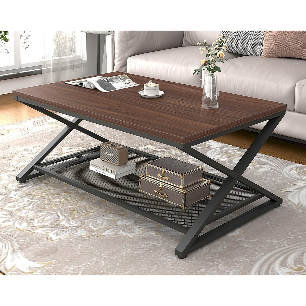 LVB Walnut Coffee Table with Storage, Metal Wood Rectangle Living Room Table, Industrial 2 Tier Center Table with Mesh Shelf, Vintage Wooden Middle Concrete Tables for Office Bedroom, 39 inch, Walnut