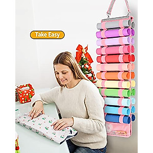 FINESUN Vinyl Roll Holder, Criсut Accessories, Vinyl Storage with Visible Pocket, Vinyl Holder with 24 Elastic Compartments, Vinyl Organizer for Cricut Tools, Gift Wrap Organizer, Pink& Grey (Pink)