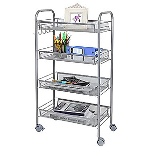 4-Storey Wheeled Office Storage Rack, Kitchen Storage Rack, Bathroom Storage, Suitable for Placing Items in Garage, Kitchen, Food Storage Room and Living Room
