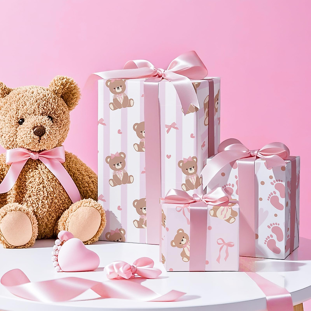 WRAPAHOLIC Baby Shower Wrapping Paper Roll - Mini Roll - 3 Rolls - 17 Inch X 120 Inch Per Roll - Butterfly Girl, Little Bear, Moon, Stripe Design for Kids